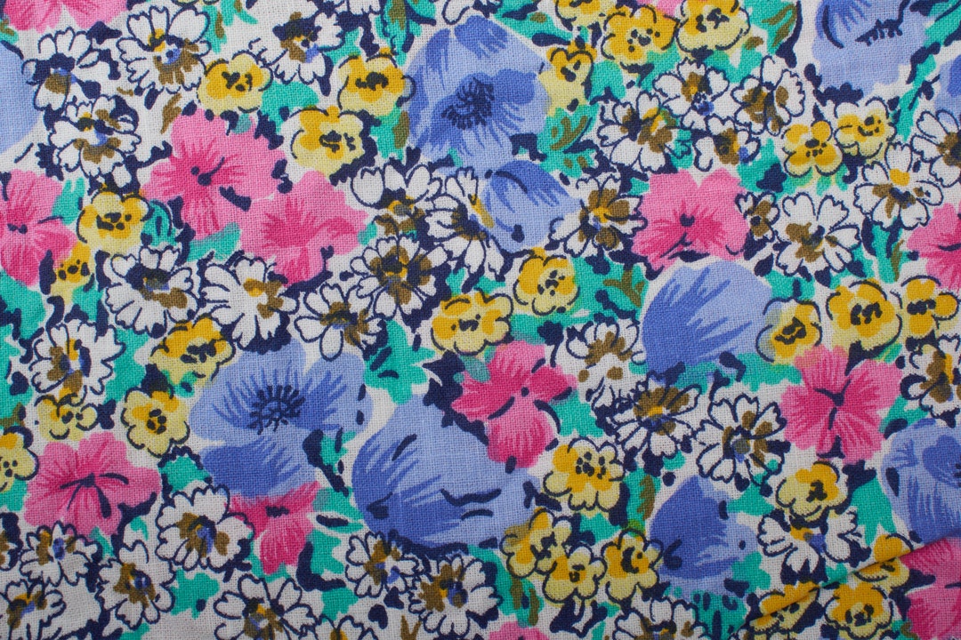 1990s Vintage Ditsy Floral Cotton Fabric: Blue, Pink & Yellow Flowers ...