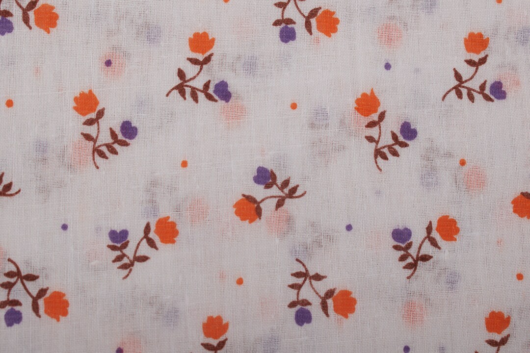1950s Vintage Cotton Batiste Fabric, Orange Blue Flowers White ...