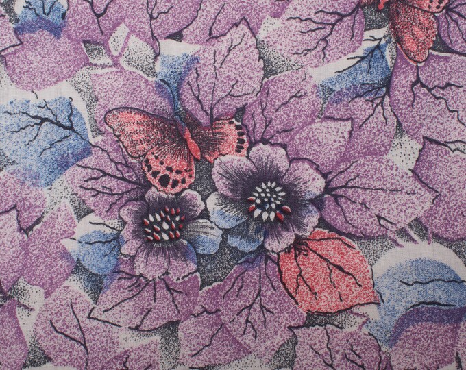 Beautiful 1980s Vintage Cotton Fabric, Lilac Blue Flowers Butterflies ...