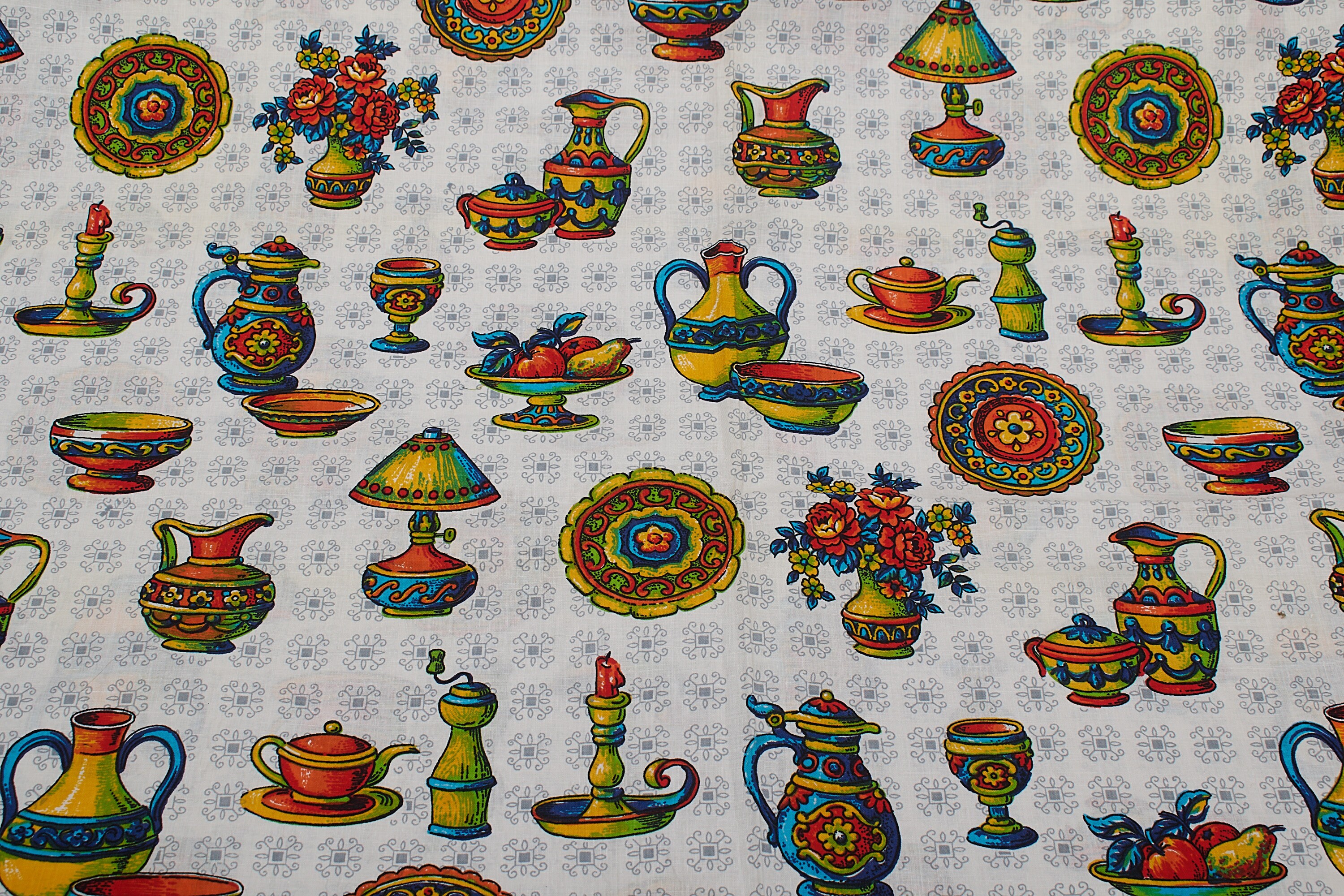Vintage Baumwollstoff 70er Jahre Küche Print Rot Gelb Blau 46"breit ...