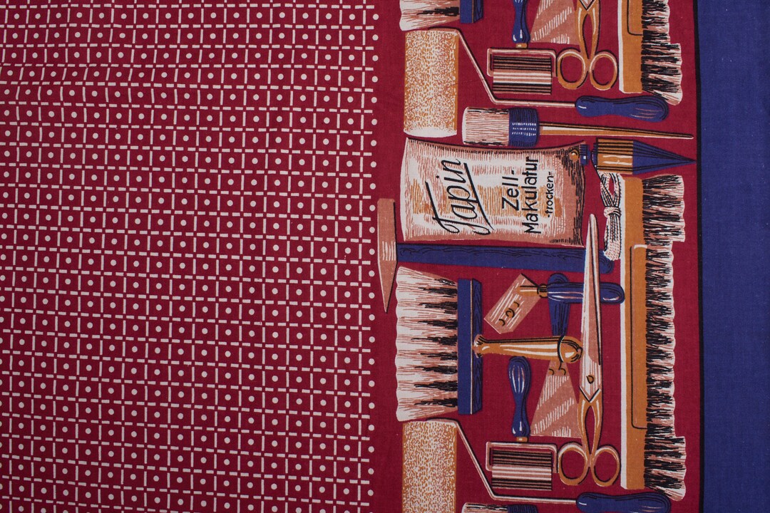 1980s Vintage Cotton Fabric, Border Geometry Tools, Blue Red, Home ...