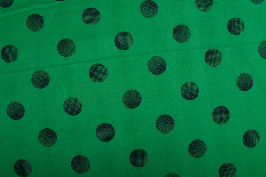 Unique Cotton Fabric, Black and Green Polka Dot Print, 1970s Vintage ...