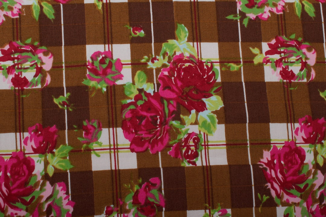 1990s Vintage Cotton Fabric Pink Roses Brown Plaid Fabric - Etsy