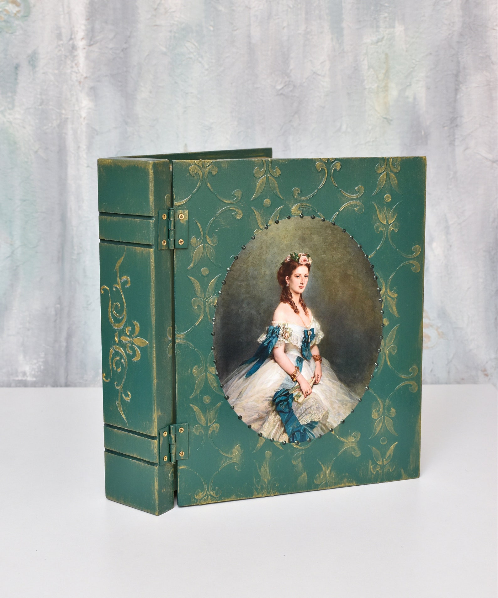 Wooden Book Box, Green Decorated Box, Vintage Style Decoupage Box ...