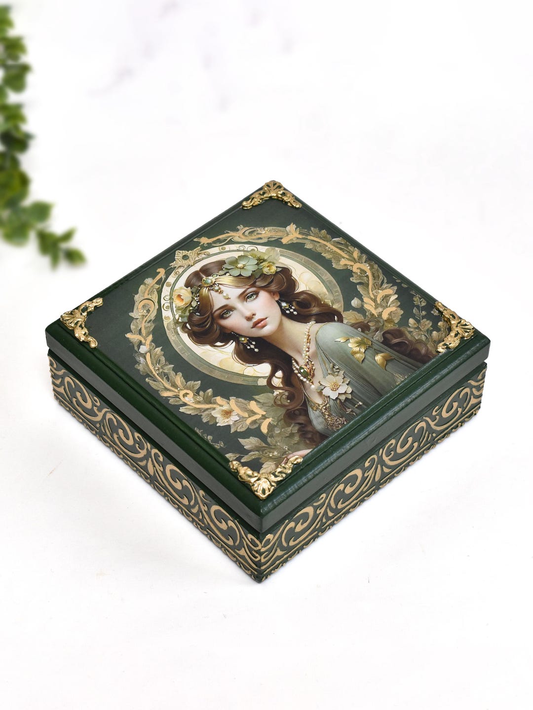 Personalized Decoupage Box, Wooden Jewelry Chest, Green and Gold ...