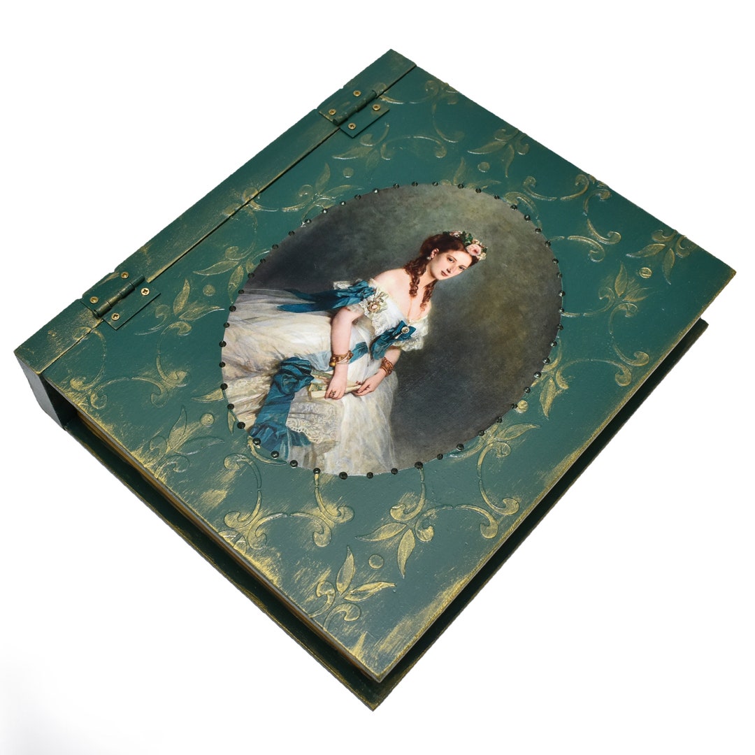 Wooden Book Box, Green Decorated Box, Vintage Style Decoupage Box ...