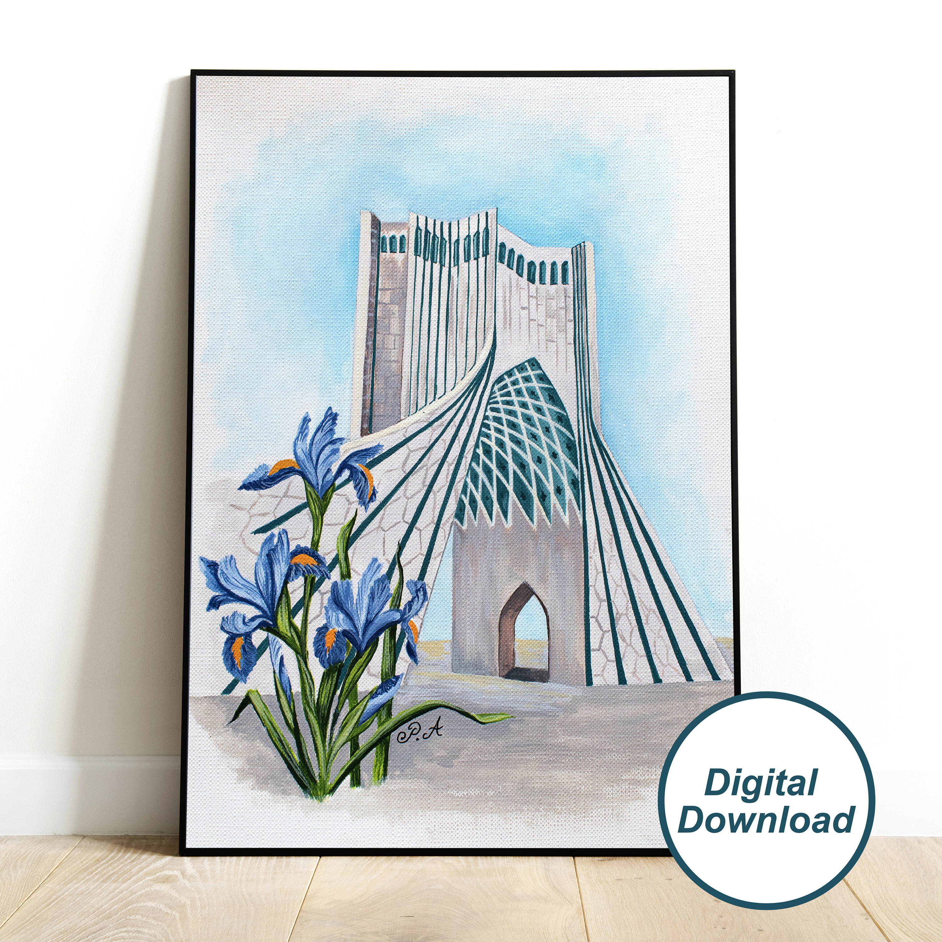 Azadi Tower With Irises Printable, Persian Architecture Wall Decor ...