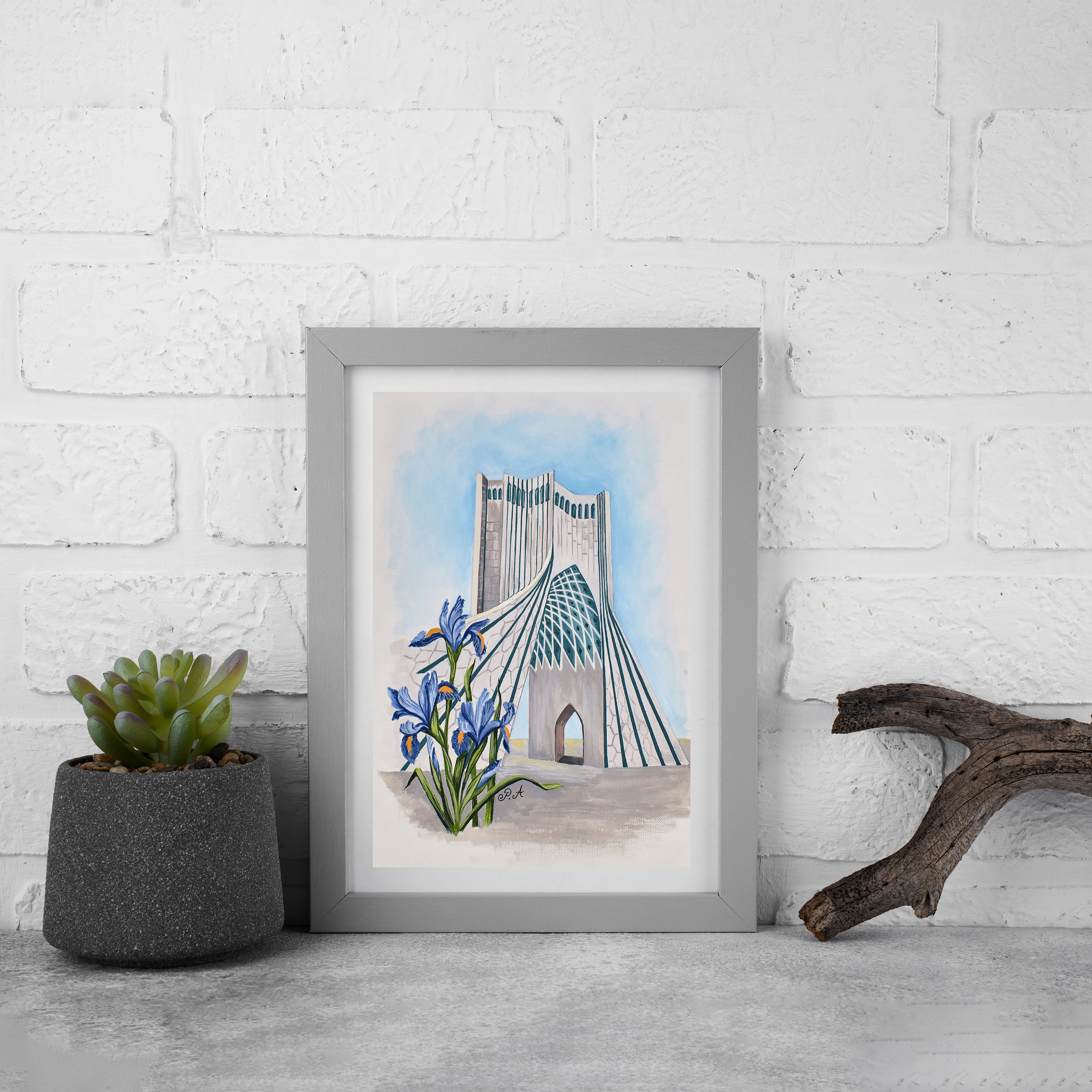 Azadi Tower With Irises Printable, Persian Architecture Wall Decor ...