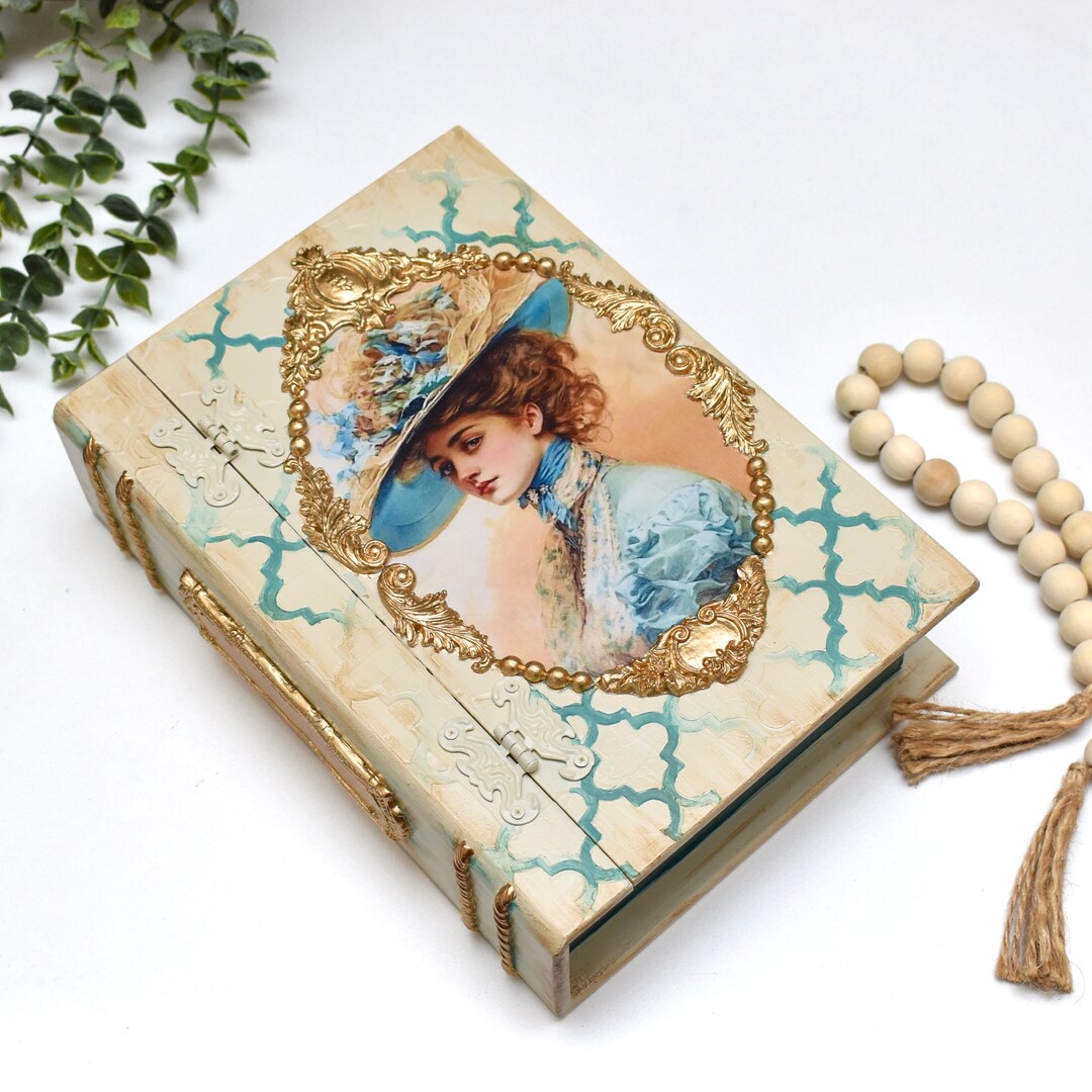 Wooden Book Box, Antique Treasure Chest, Hollow Book Box, Large Wooden ...