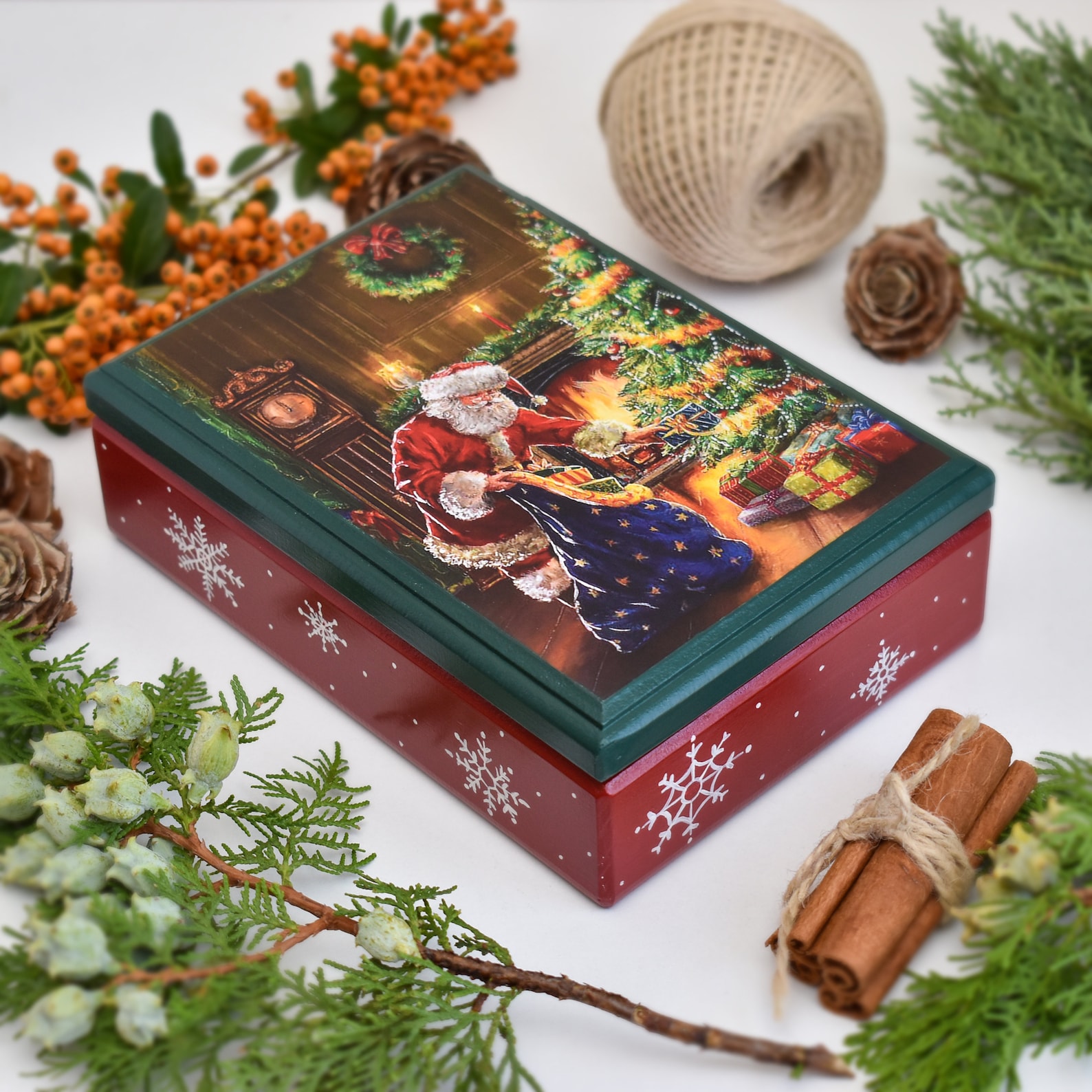 Santa Claus Box, Christmas Memory Box, Red Wooden Case With Lid, Gift ...