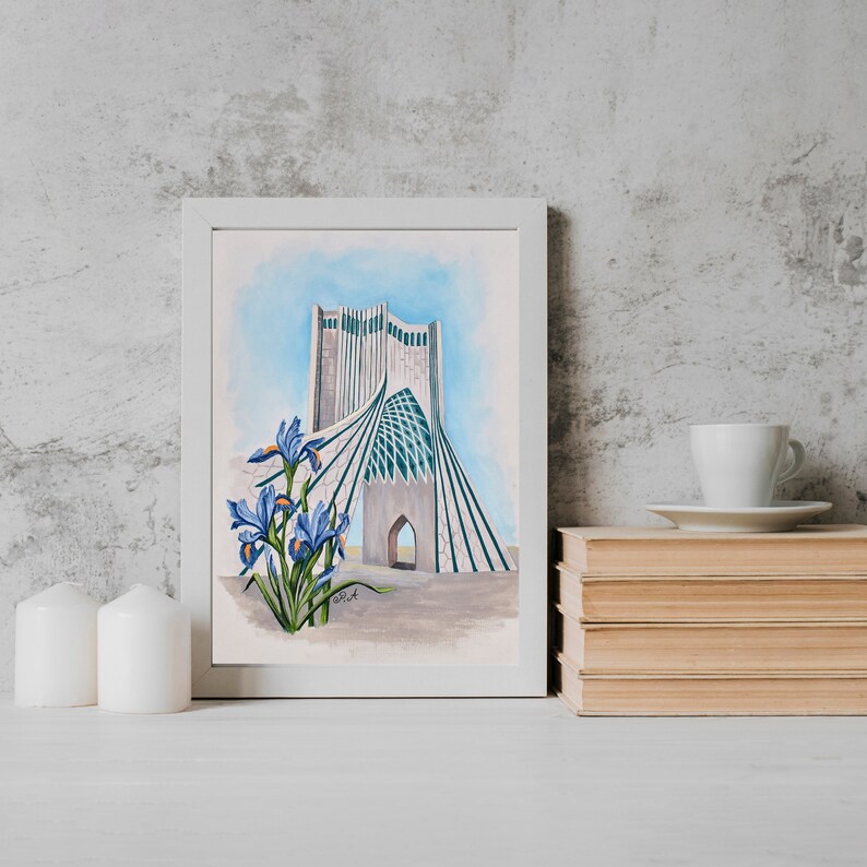 Azadi Tower With Irises Printable, Persian Architecture Wall Decor ...