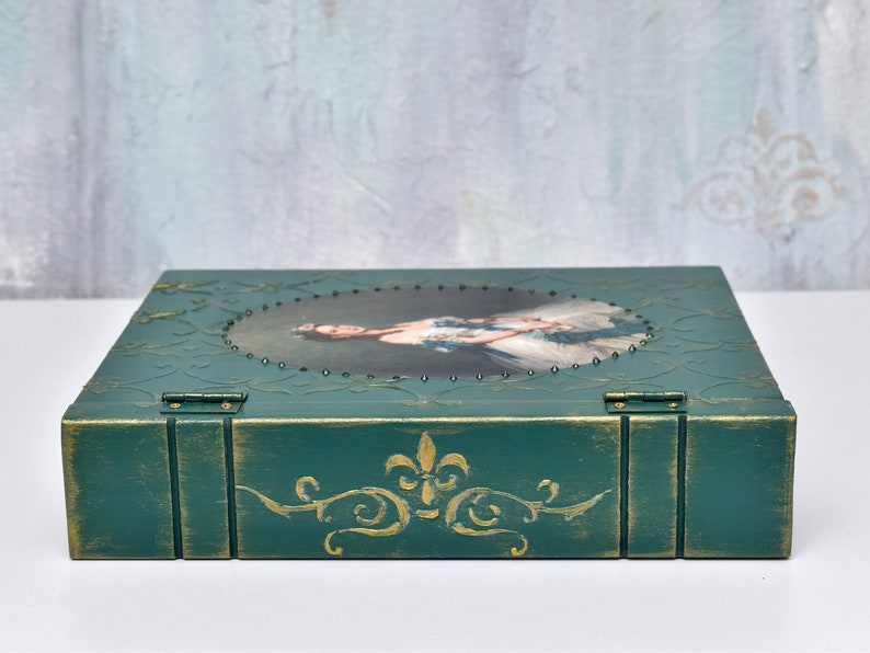 Wooden Book Box, Green Decorated Box, Vintage Style Decoupage Box ...