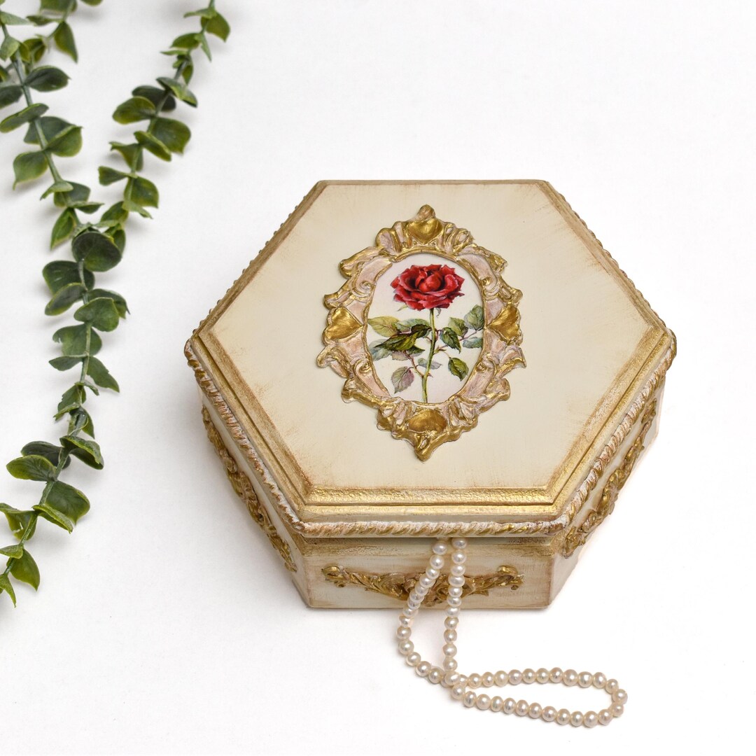 Rose Keepsake Box, Decoupage Treasure Chest Storage, Wooden Memory Case ...