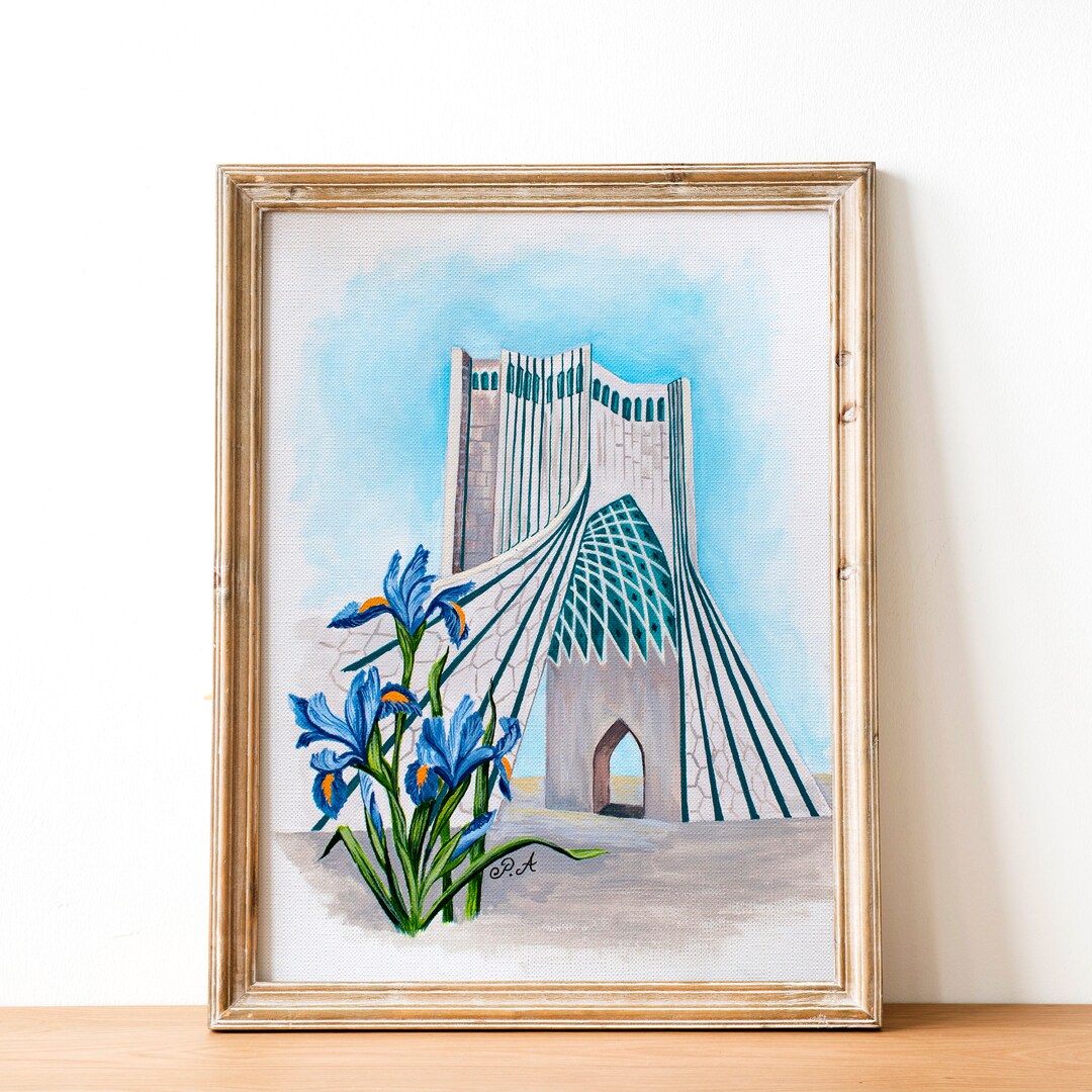 Azadi Tower With Irises, Original Acrylic Painting, Persian ...