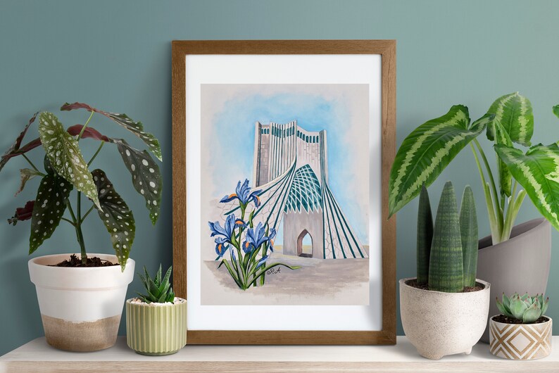 Azadi Tower With Irises Printable, Persian Architecture Wall Decor ...