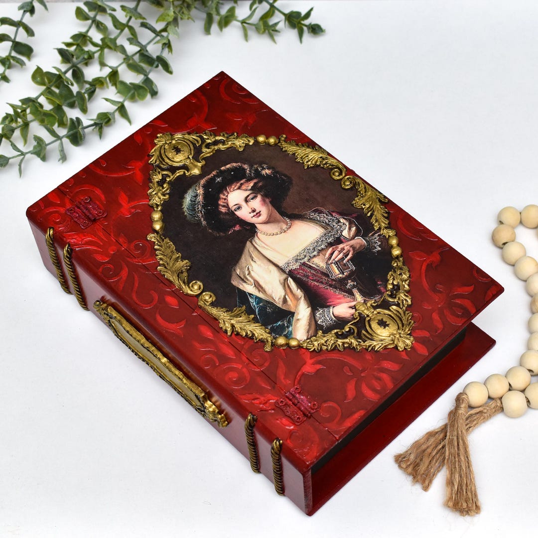 Red Decoupage Wooden Book Box: Victorian Keepsake, Faux Book Memory ...