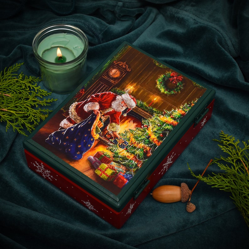 Santa Claus Box, Christmas Memory Box, Red Wooden Case With Lid, Gift ...