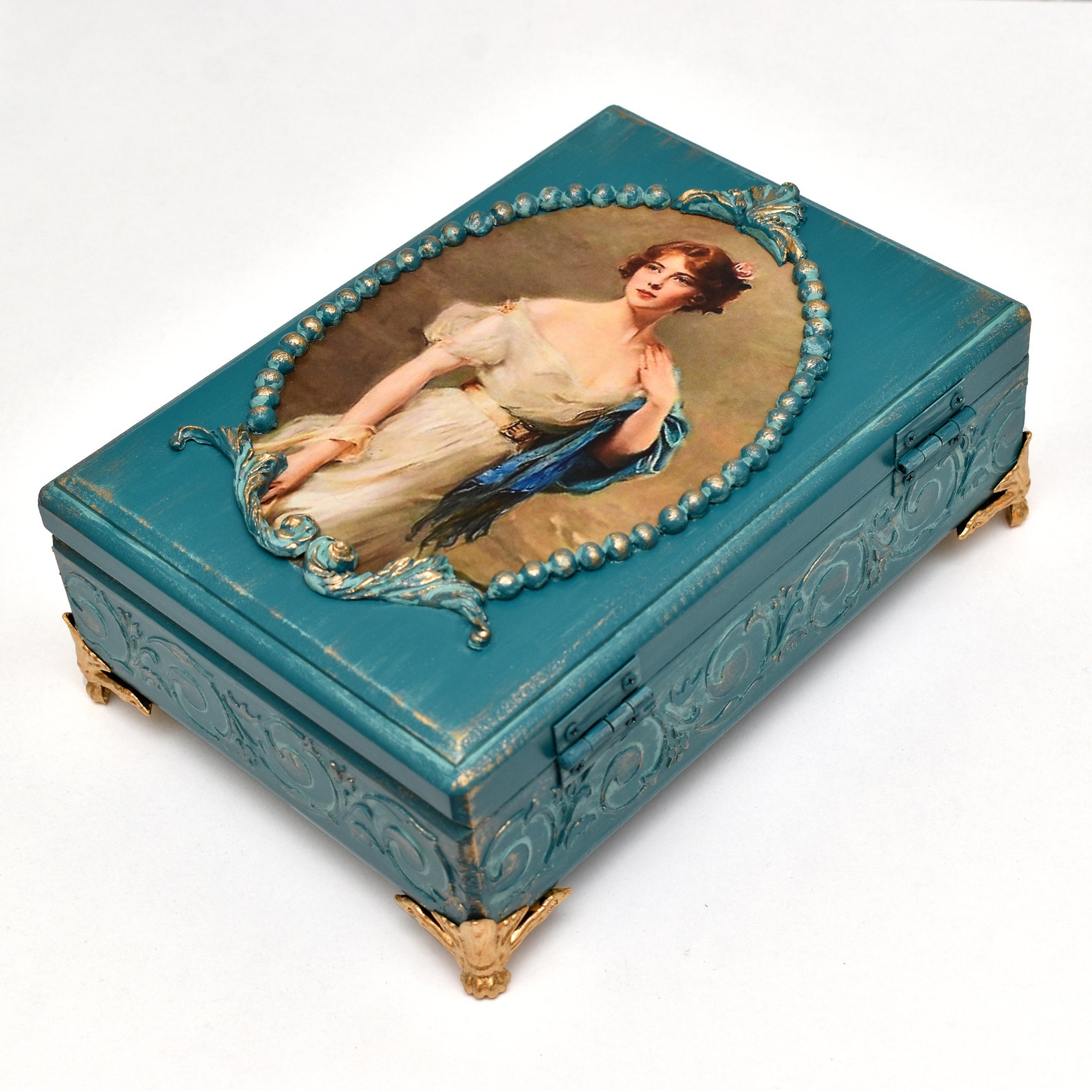 Turquoise Victorian Jewelry Box Keepsake Box With Lid Shabby - Etsy