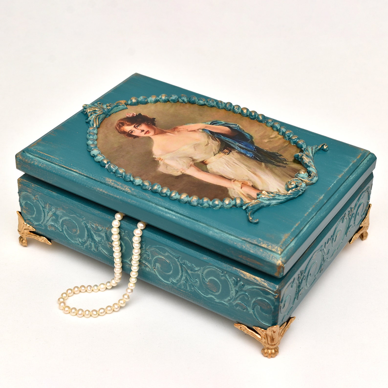 Turquoise Victorian Jewelry Box Keepsake Box With Lid Shabby - Etsy
