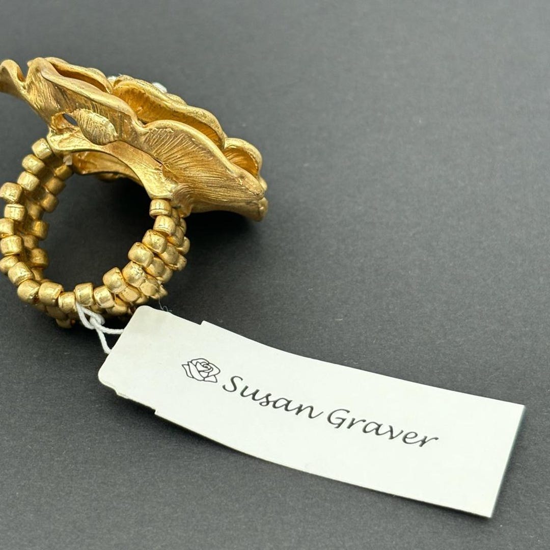Susan Graver Gold Toned Cocktail Ring. Expandable. Rhinestone in Flower ...