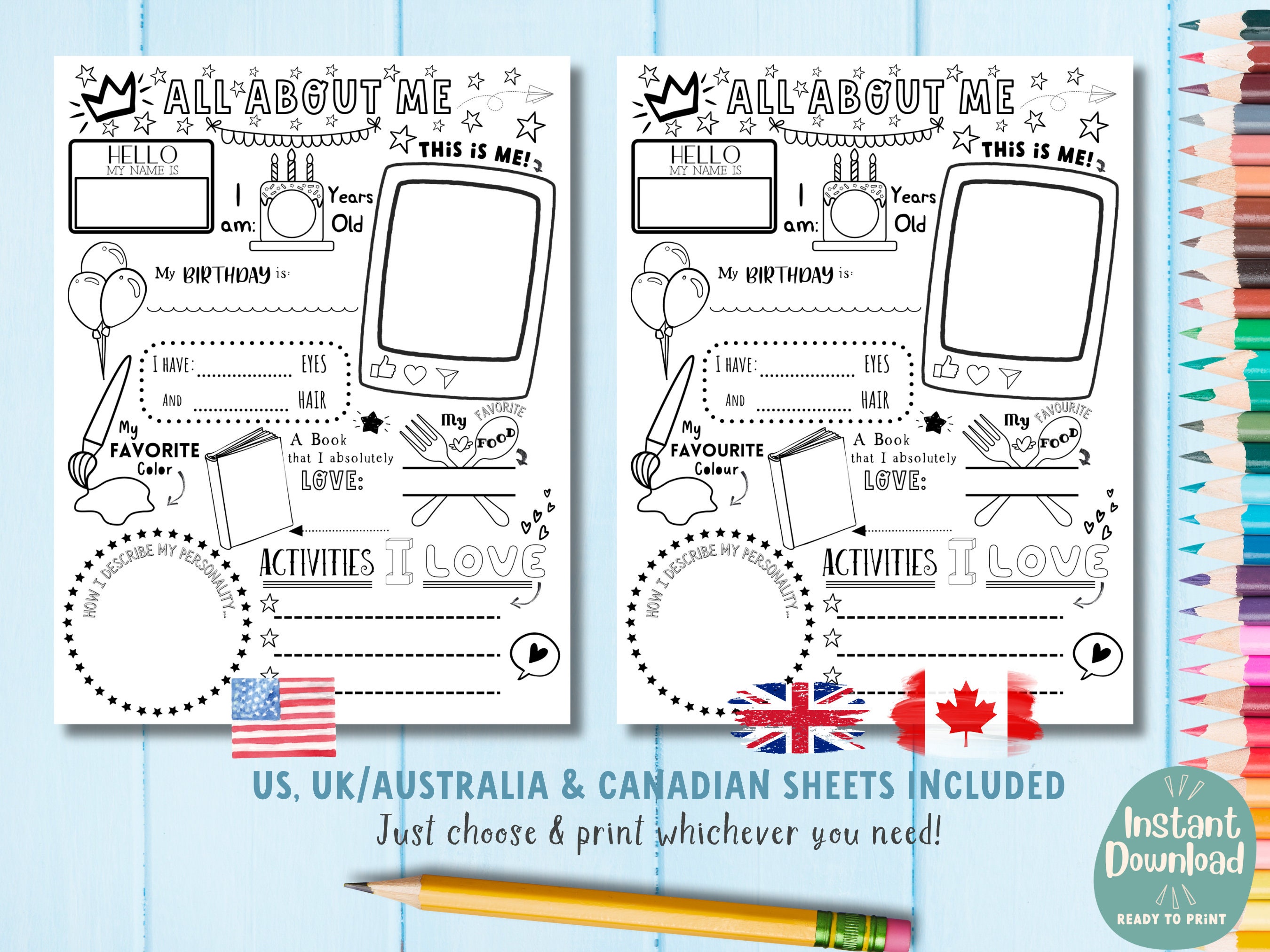 About Me Activity Coloring Pages 2 Page Digital Printable All About Me ...