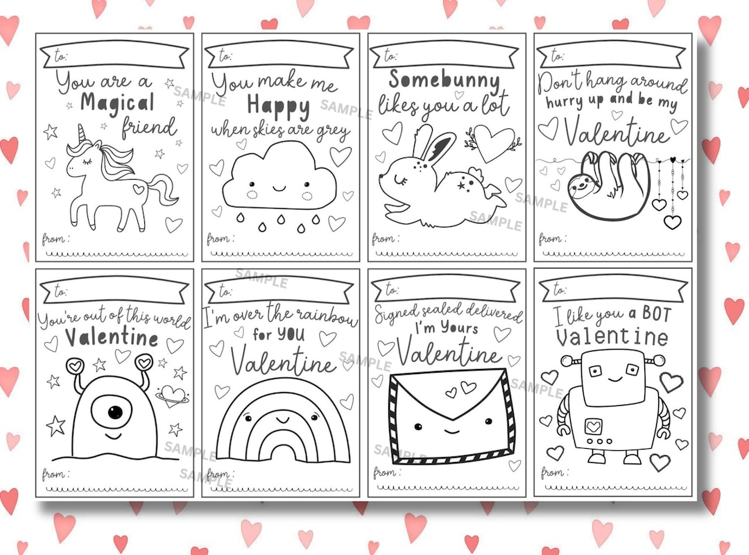 Printable Valentine Cards to Colour Digital Printable Valentine Cards 8 ...