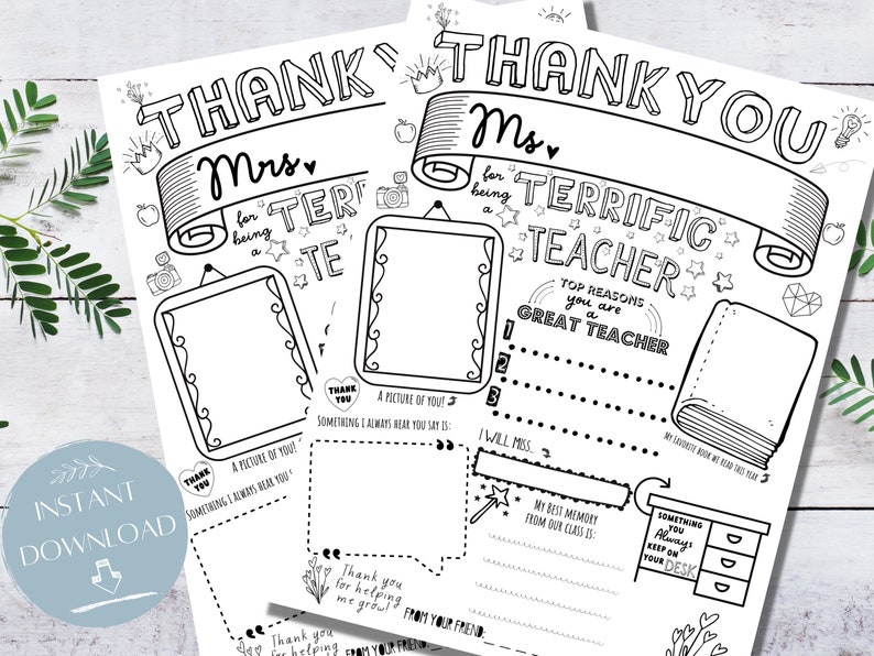 Teacher Thank You Printable Activity Coloring Sheet for Kids PDF ...