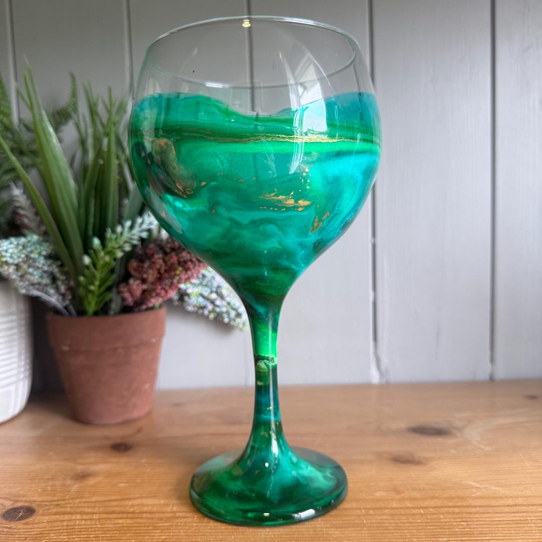 Hand Decorated Gin Glass: Green Teal and Turquoise With Gold or Silver ...