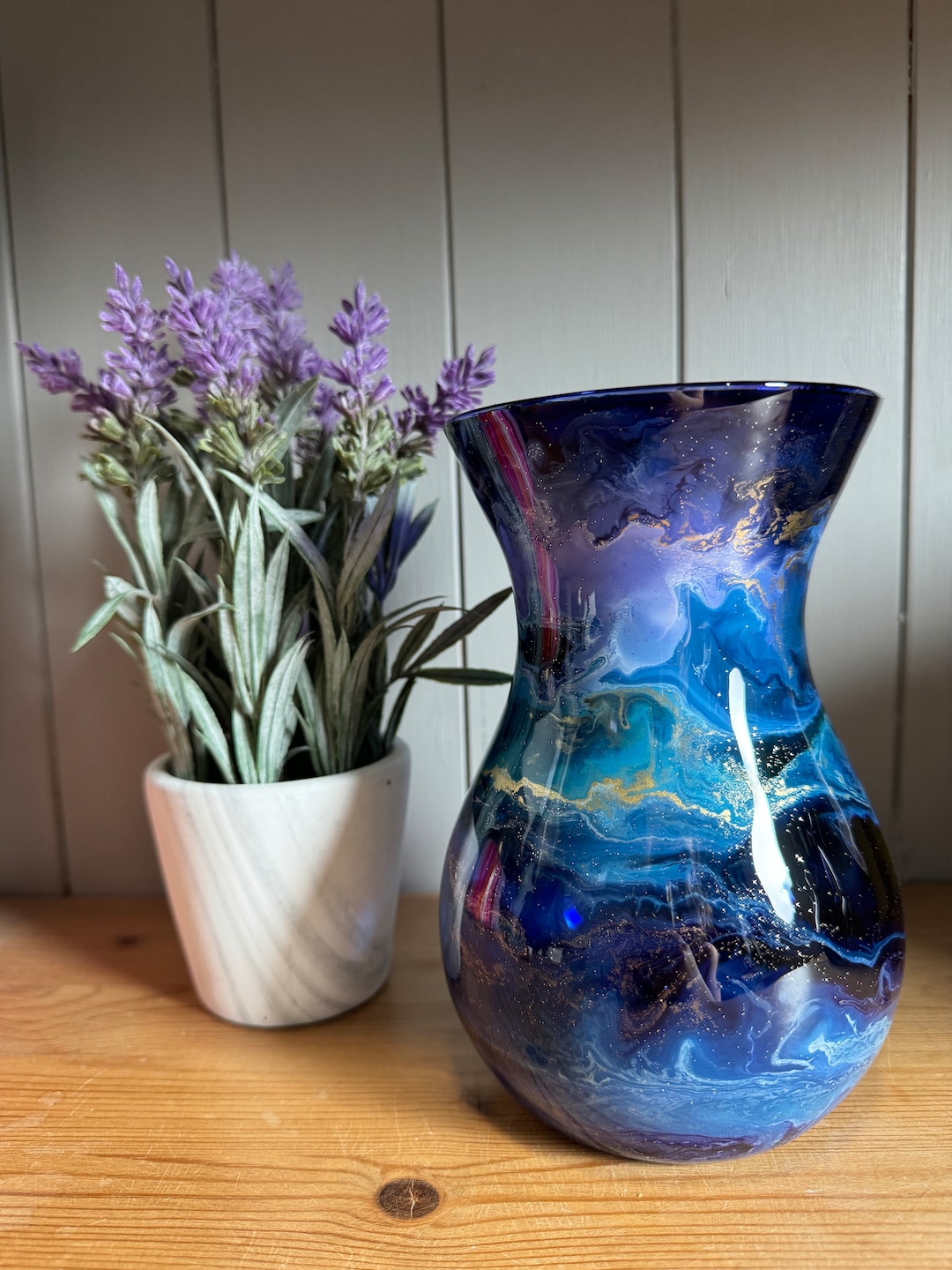 Hand Decorated 18cm Tall Glass Vase: Blue, Purple, and Turquoise Gold ...