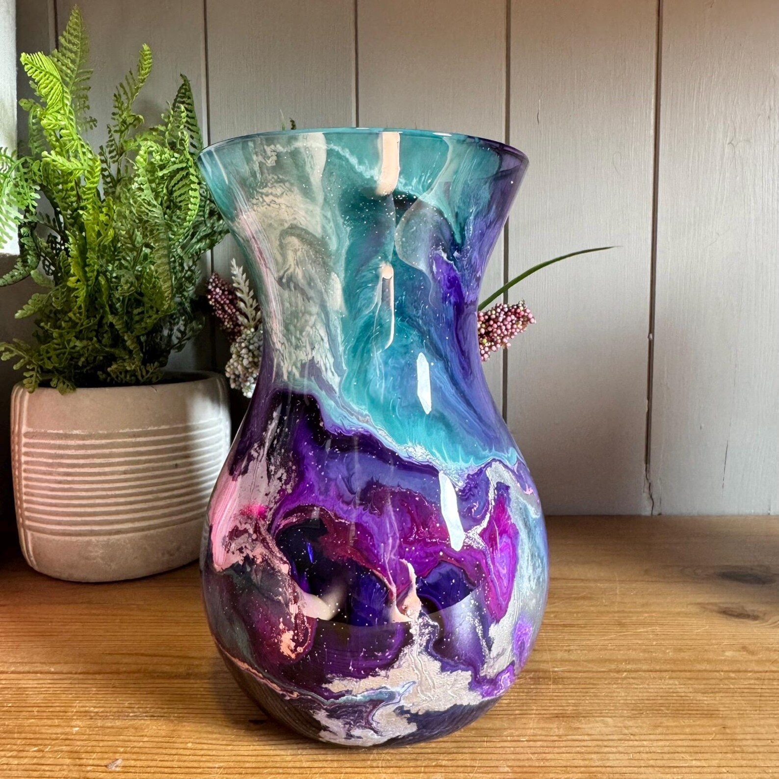 Hand Decorated 18cm Tall Glass Vase: Teal, Purple, and Pink With Gold ...