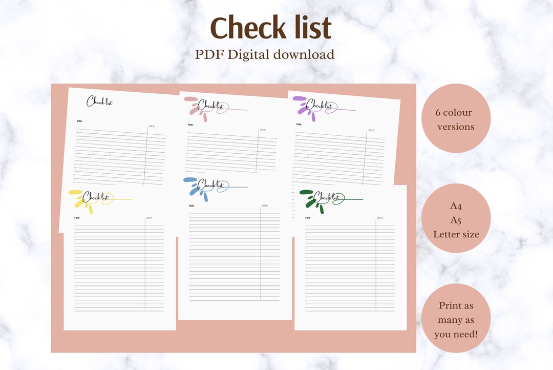 Printable Check List/ Digital Download/ PDF/ A4 A5 Letter - Etsy