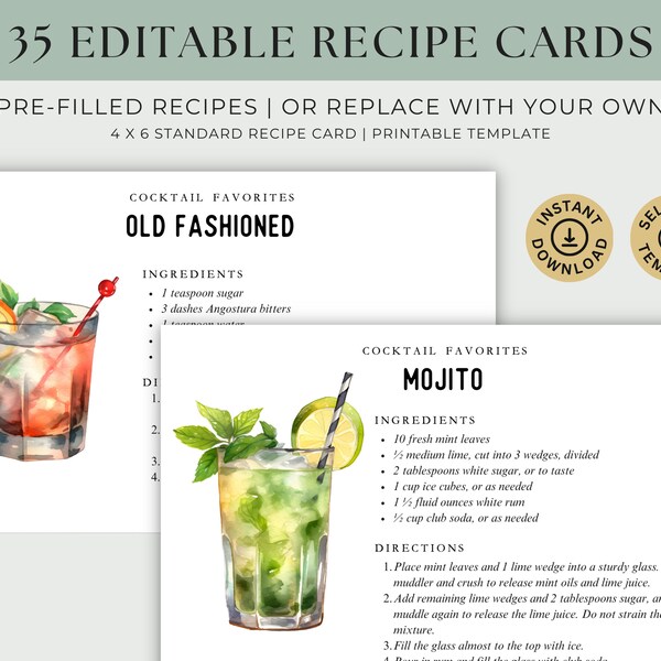 Drink Recipe Cards - Etsy