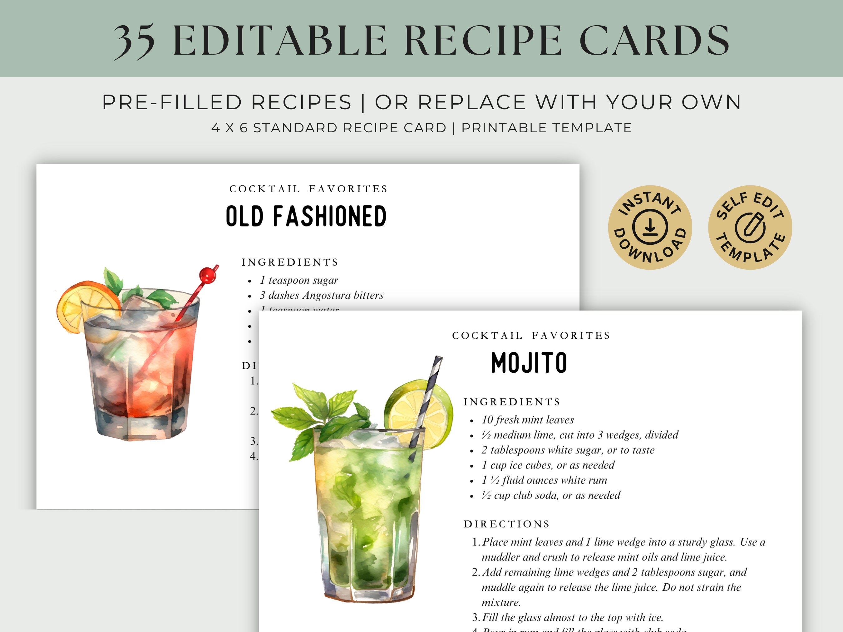 Cocktail Recipe Card Template Editable Drink Recipe Card - Etsy Cocktail Recipe Card Template Editable Drink Recipe Card - Etsy