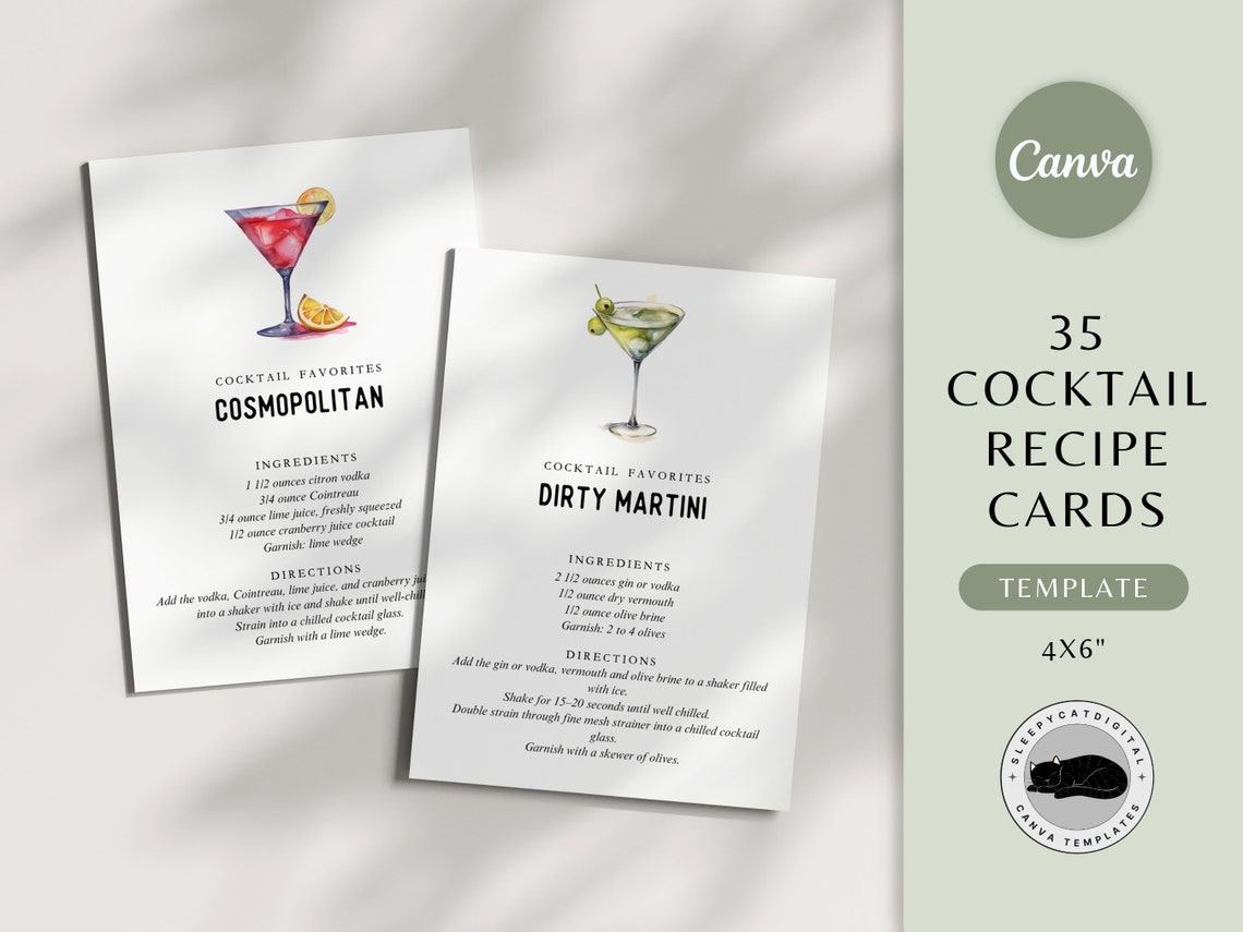 Cocktail Recipe Card Template, Editable Drink Recipe Card, Printable ...