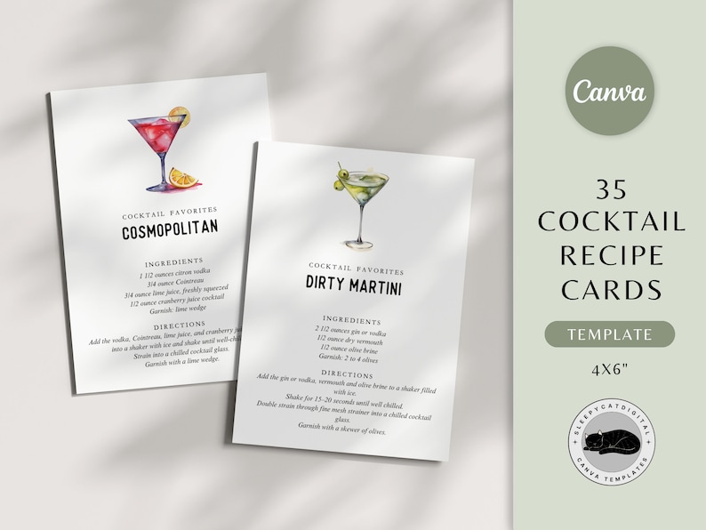 Cocktail Recipe Card Template, Editable Drink Recipe Card, Printable ...