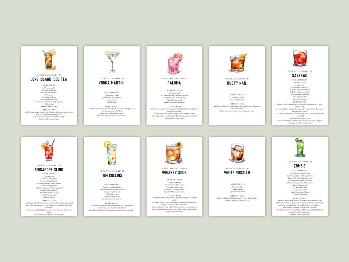 Cocktail Recipe Card Template, Editable Drink Recipe Card, Printable ...