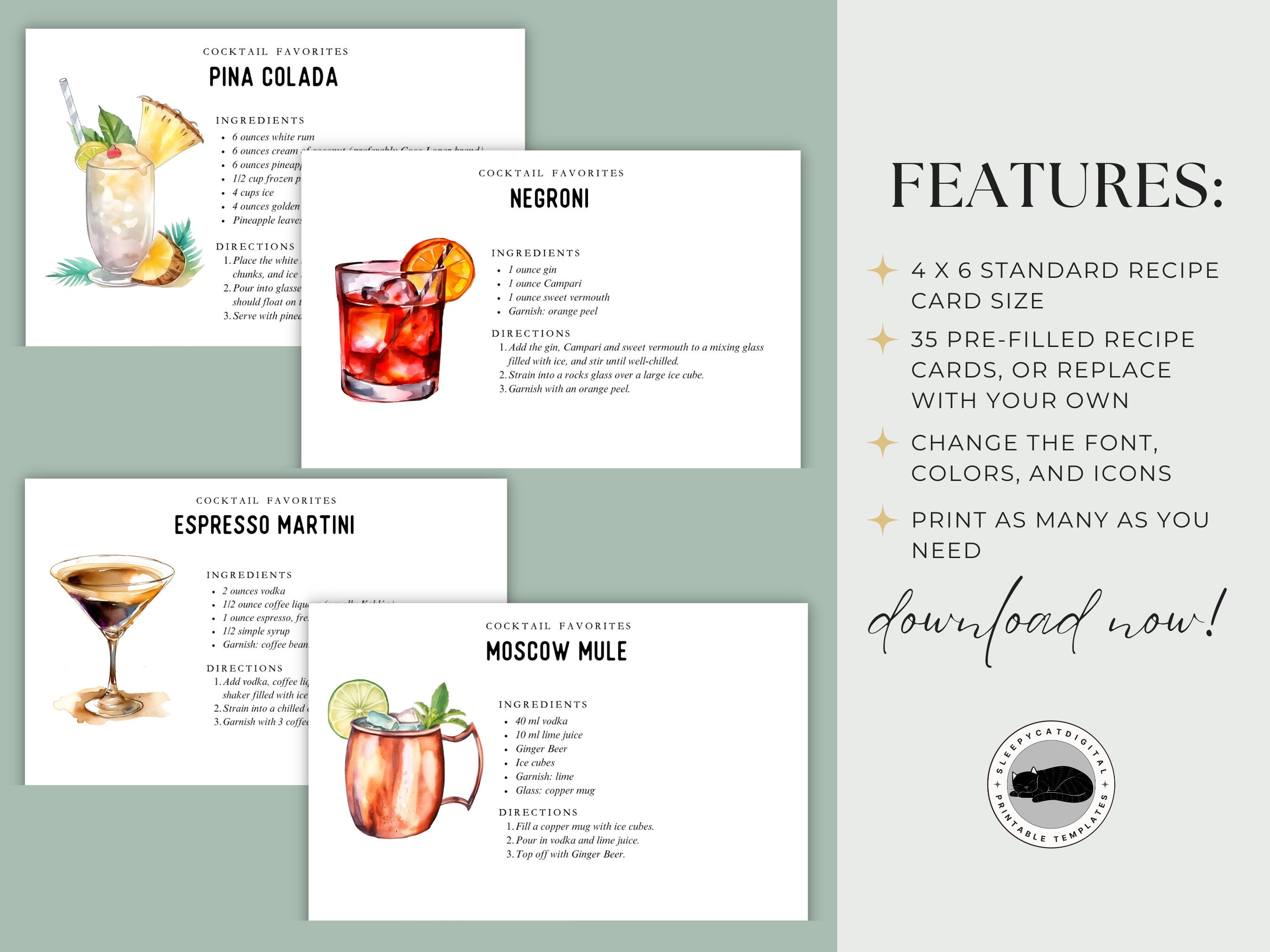 Cocktail Recipe Card Template, Editable Drink Recipe Card, Printable ... Cocktail Recipe Card Template, Editable Drink Recipe Card, Printable ...