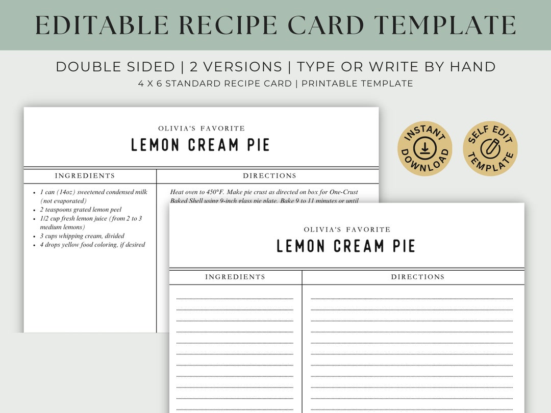 Minimal Recipe Card Template Simple Recipe Card Editable - Etsy