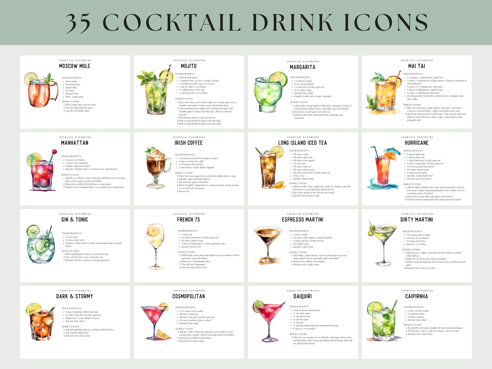 Cocktail Recipe Card Template, Editable Drink Recipe Card, Printable ...