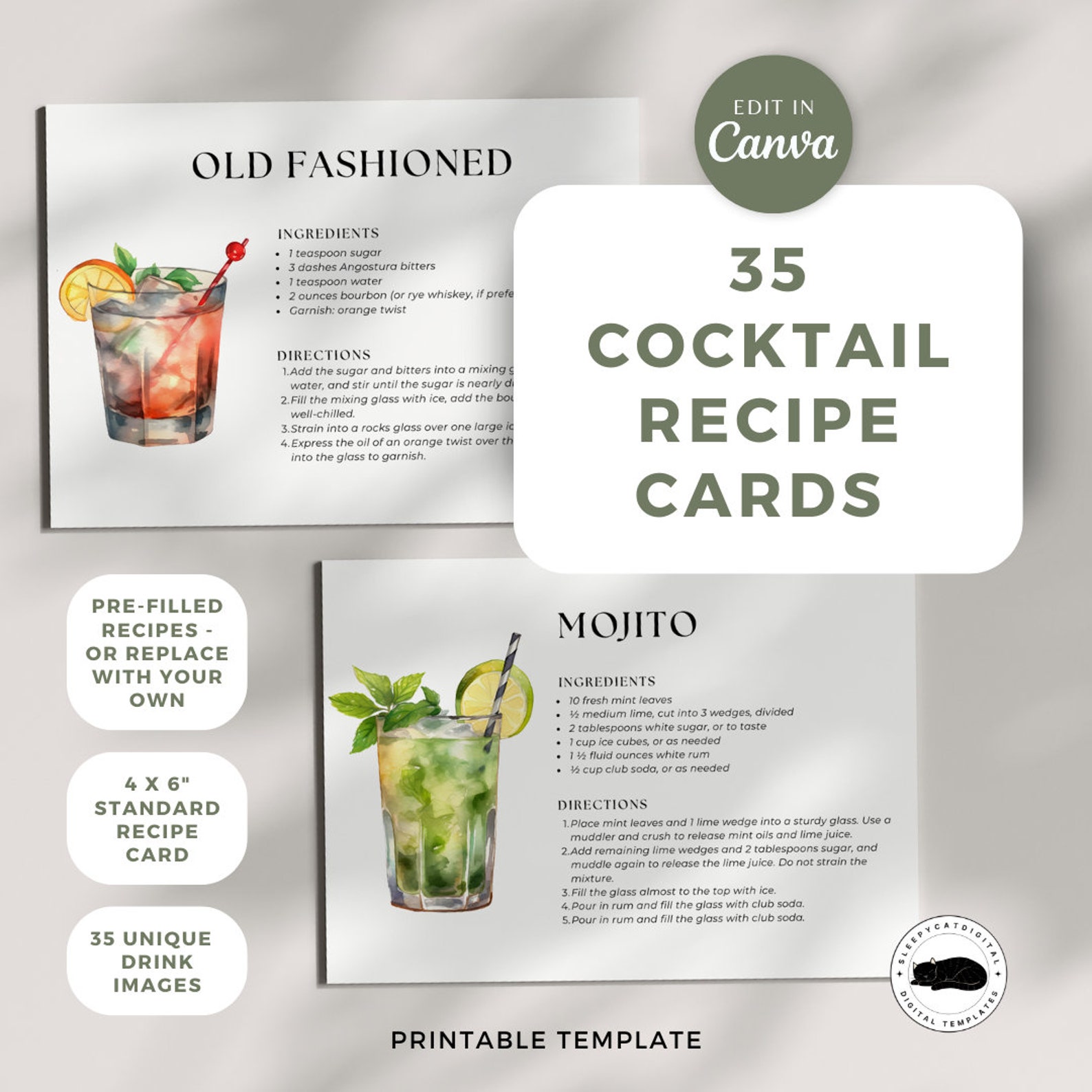 Cocktail Recipe Card Template, Editable Modern Drink Recipe Card ...