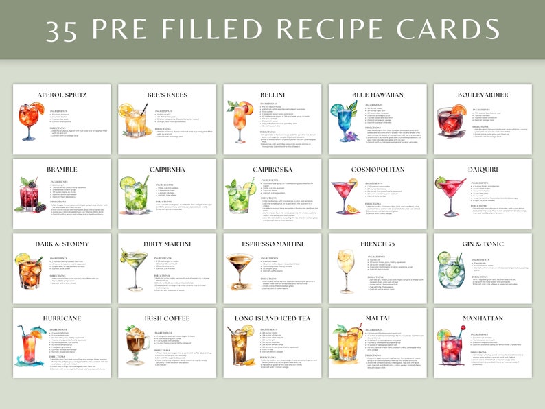 Cocktail Recipe Card Template, Editable Modern Drink Recipe Card, Printable Recipe Card, Bar ...