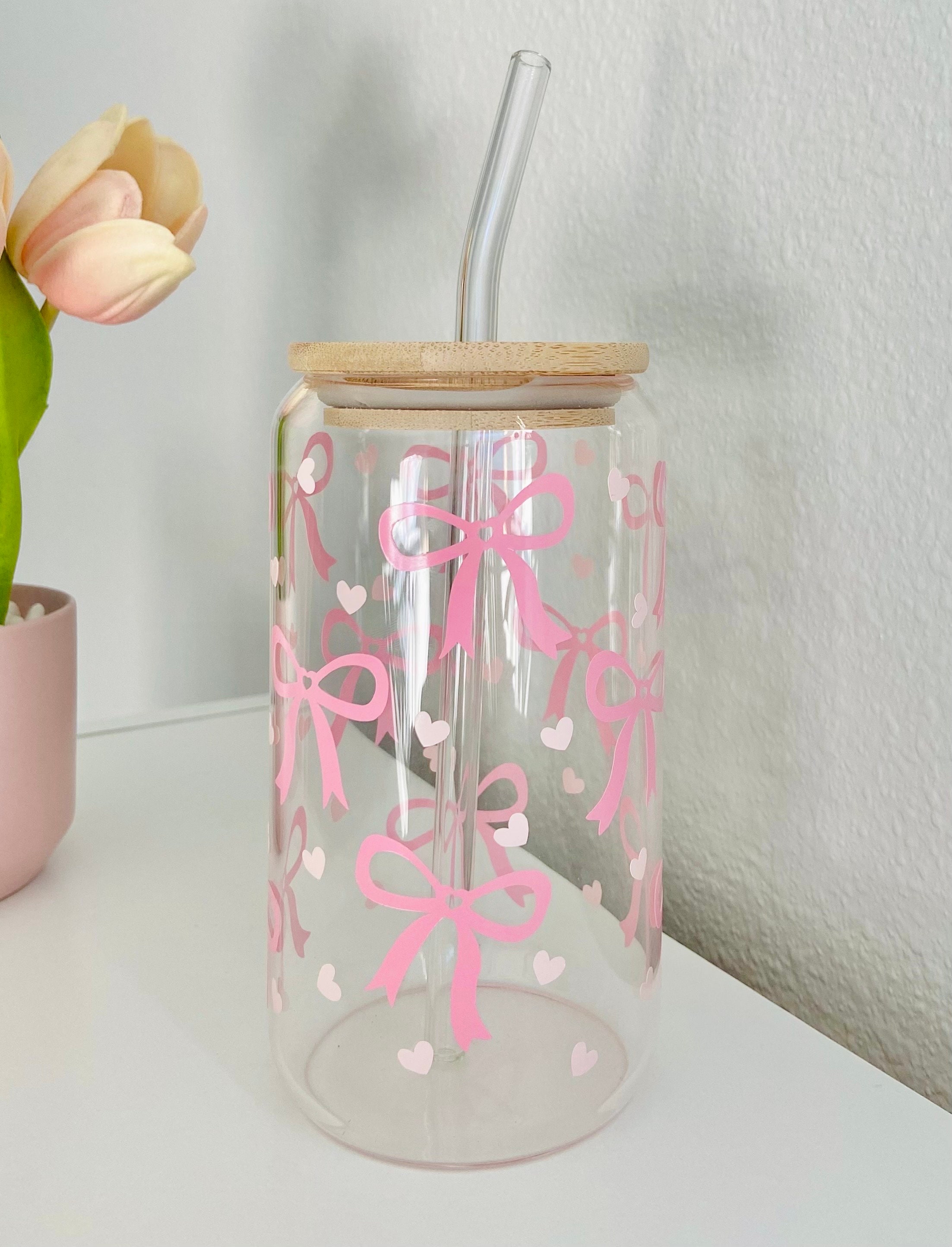 Pink Bows Glass Cup 16 Oz Libbey Glass Pink Bow Cup Iced Coffee Cup ...