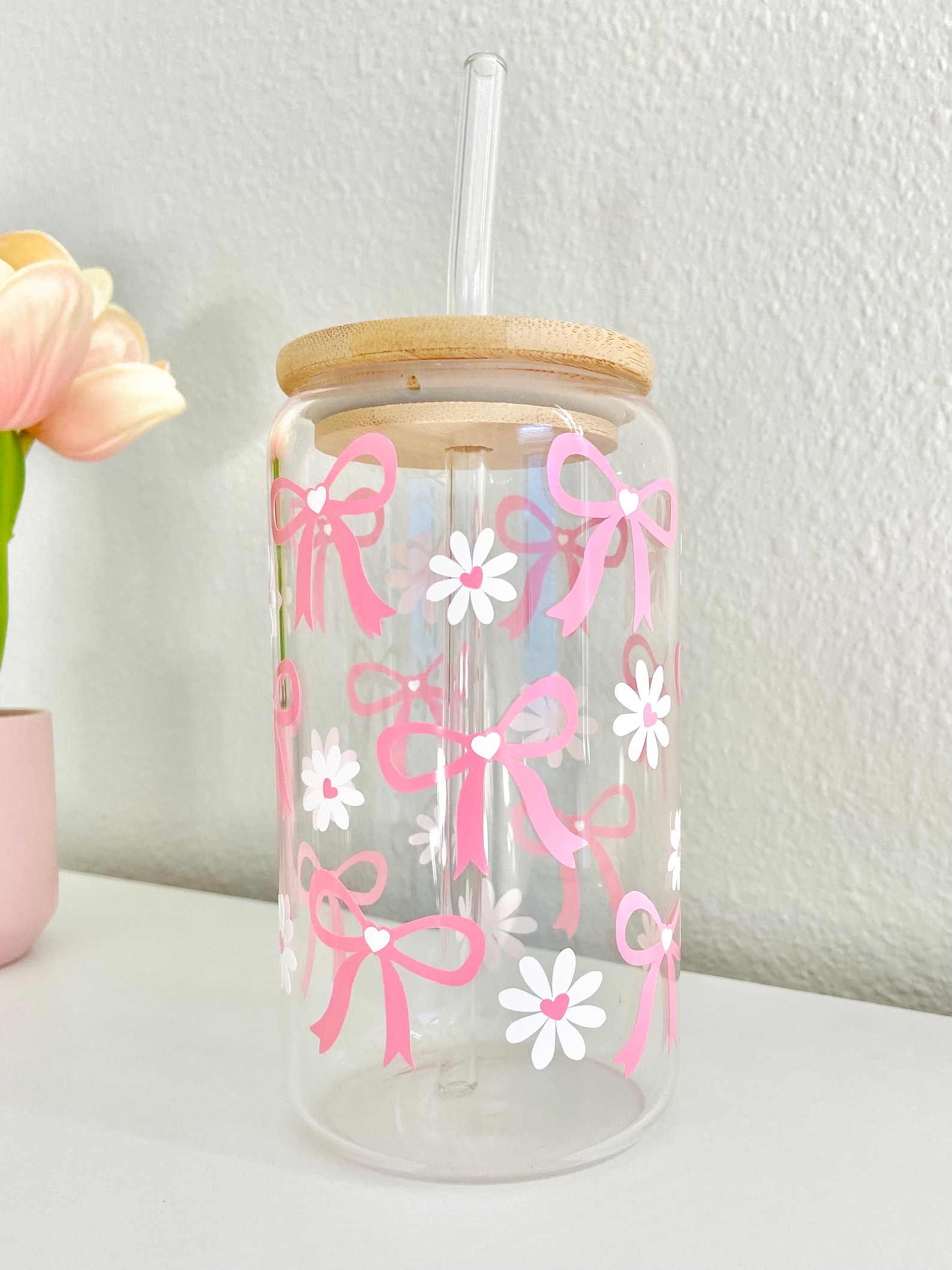 Pink Bows Glass Cup 16 Oz Libbey Glass Pink Bow Cup Iced Coffee Cup ...