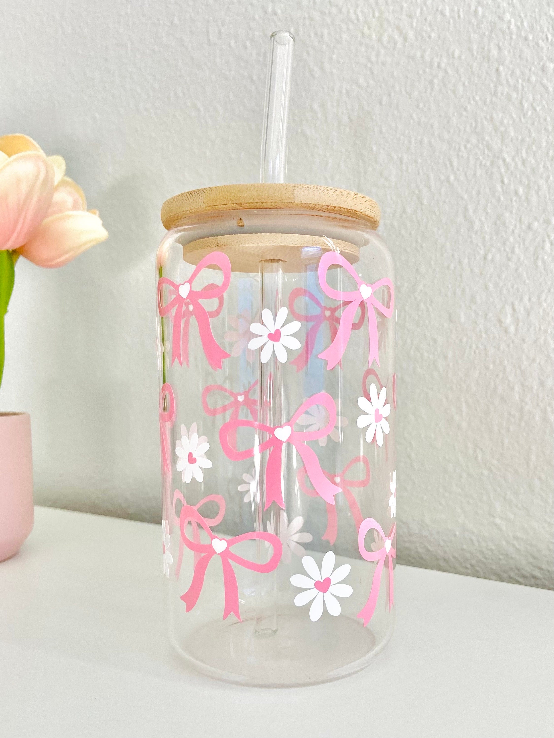 Pink Bows Glass Cup 16 Oz Libbey Glass Pink Bow Cup Iced Coffee Cup ...