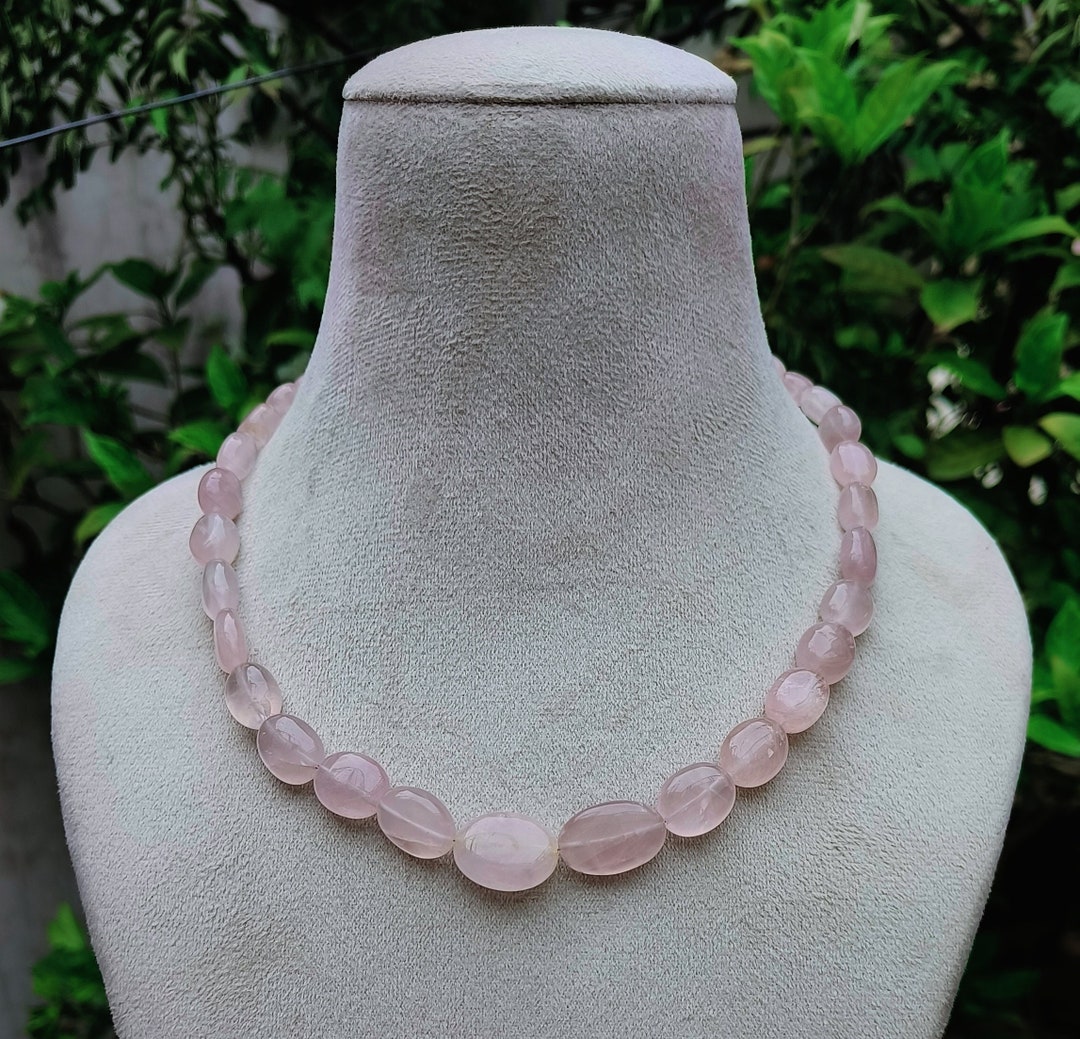 Pink Rose Quartz Necklace, Natural Beads Handmade Necklace, Rose Quartz ...