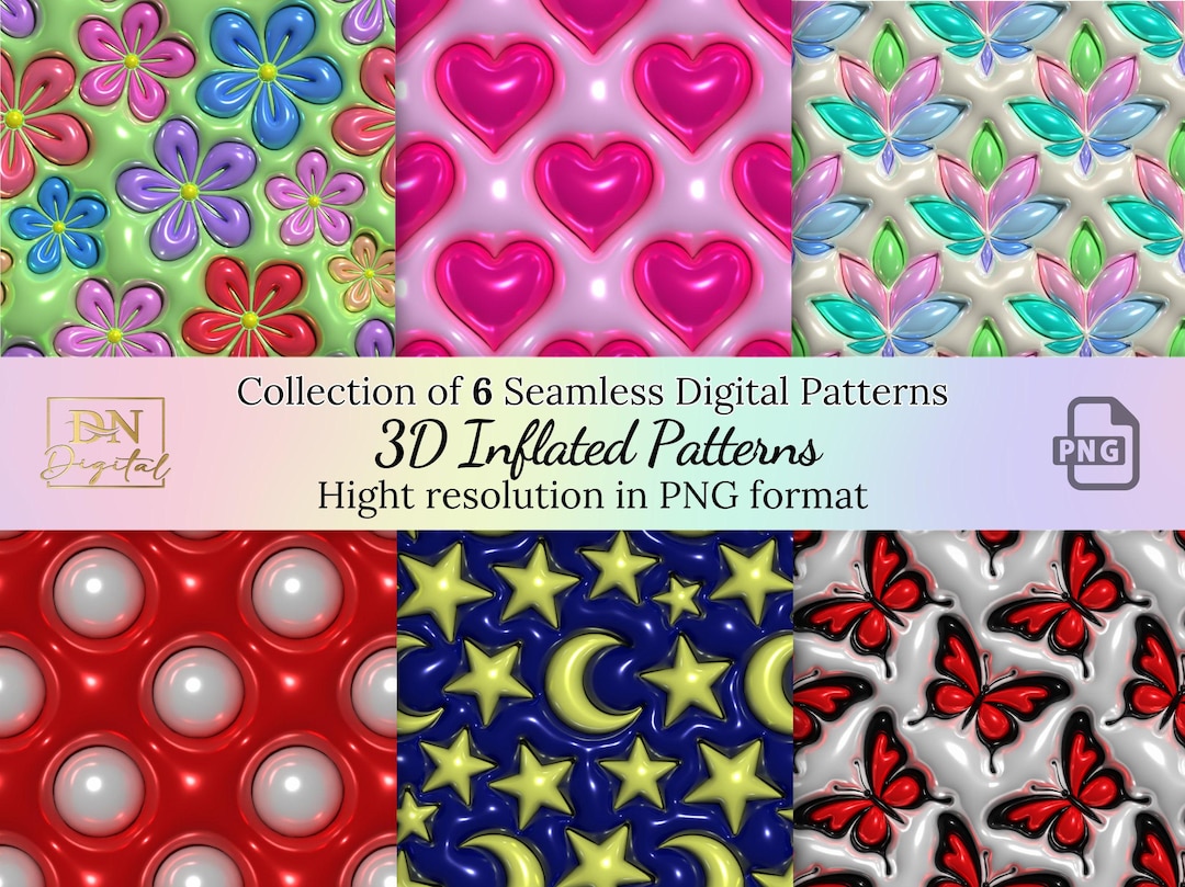 3D Inflated Seamless Patterns Collection • Bubble Puffy Digital Wrap ...