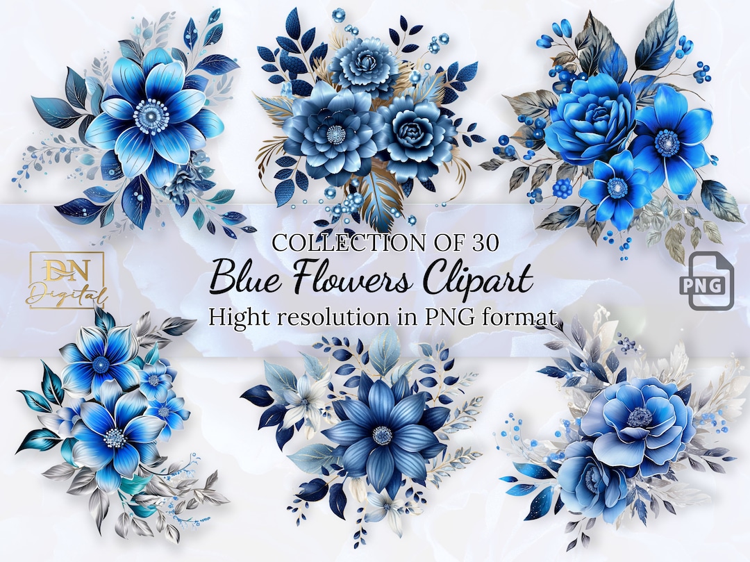 30 Blue Flowers Clipart Mega Collection With Free Commercial License ...