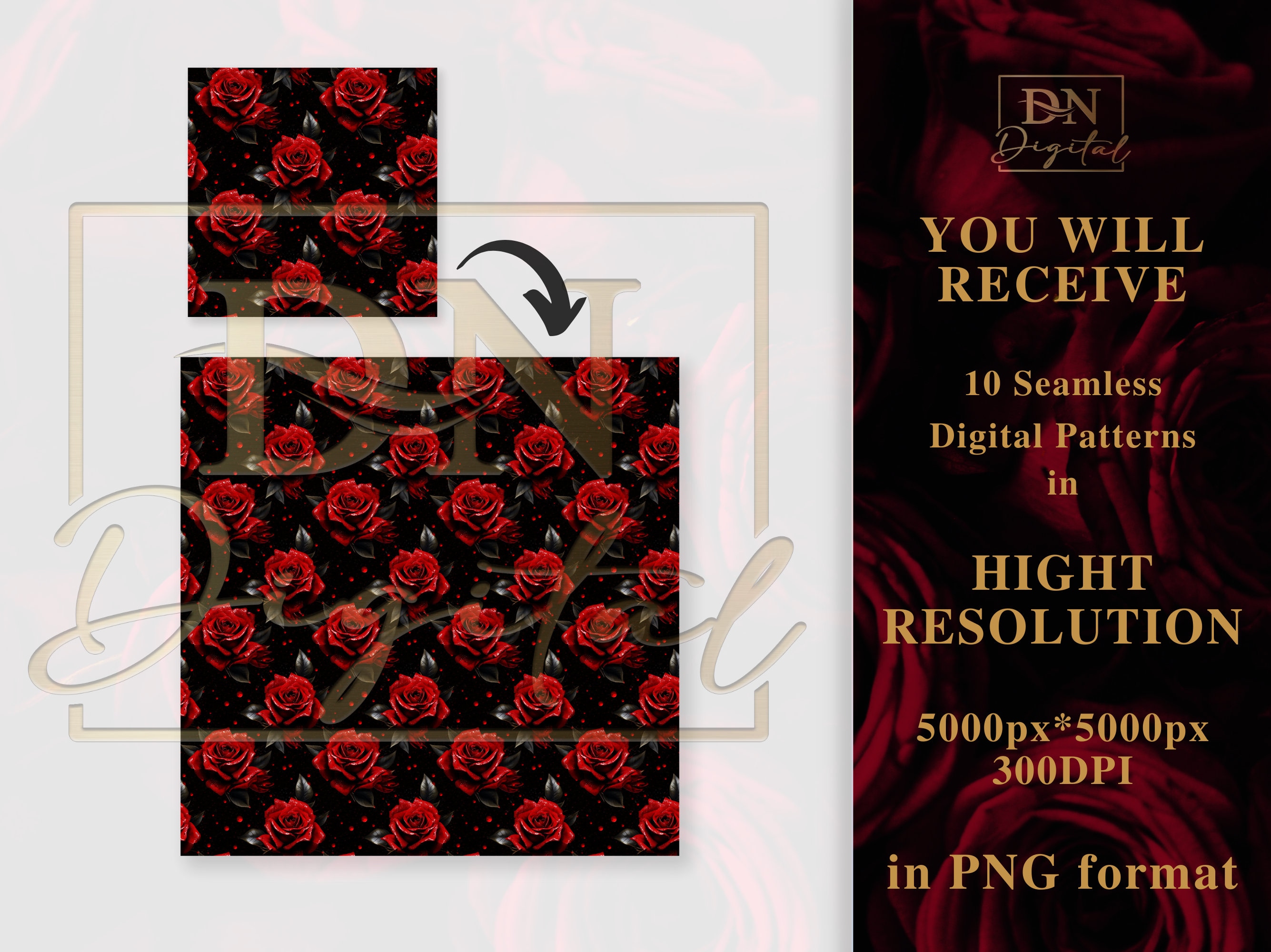 Red Roses on Black Background Seamless Digital Patterns Collection Rose ...