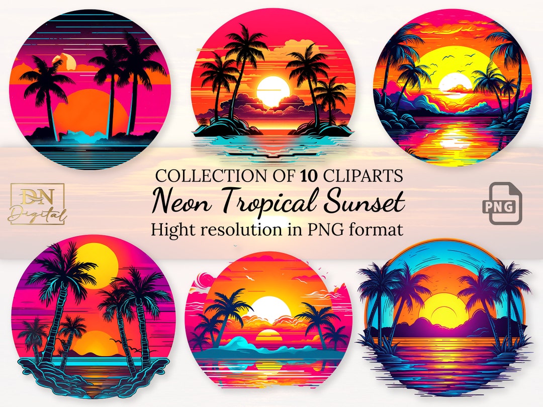 10 Neon Tropical Sunset Clipart Collection With Free Commercial License ...