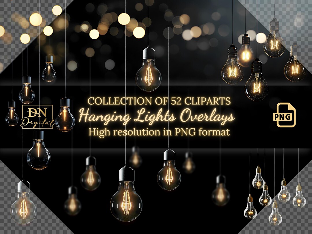 52 Hanging Bulb Lights Overlays With Transparent Backgrounds, Gold ...